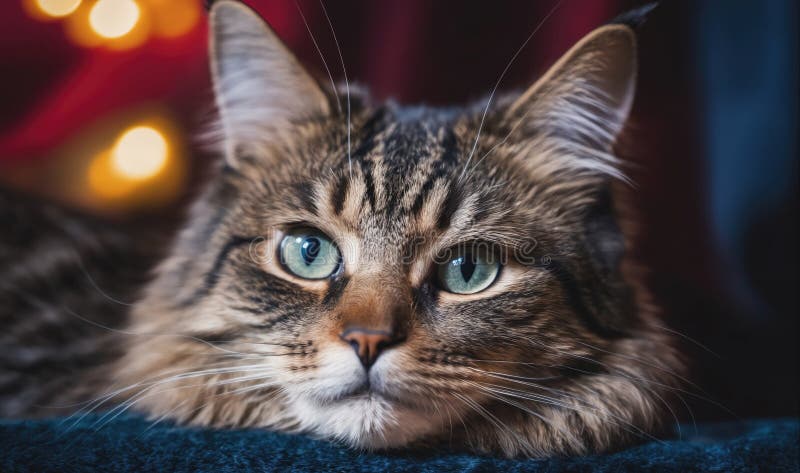 A Tabby Cat with Blue Eyes Stares Intently at the Camera, Resting Its ...