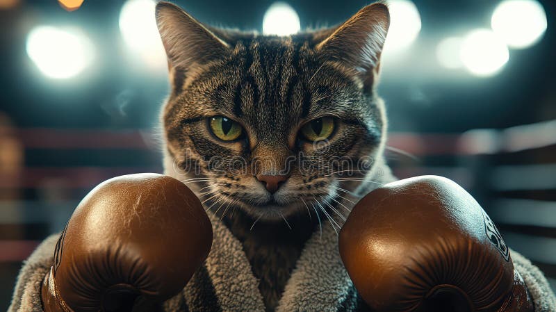 Muscular Tabby Cat Ready for Fight in Boxing Ring, Gloves Stock ...