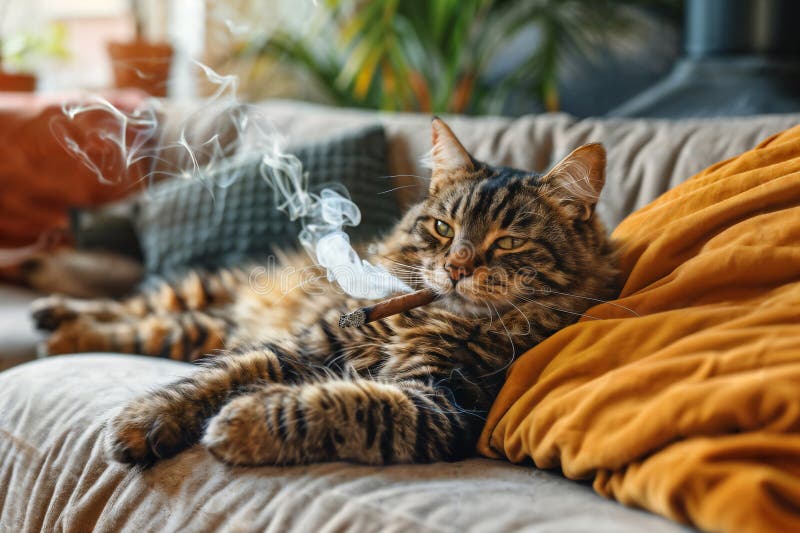 Tabby Cat with Cigar on Couch Stock Image - Image of lounging, humor ...