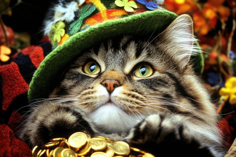 Tabby Cat with Colorful Hat and Gold Coins among Flowers Stock Photo ...