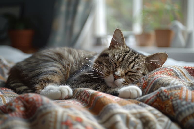 A Tabby Cat Comfortably Naps on a Vibrant, Patterned Textile in a Light ...
