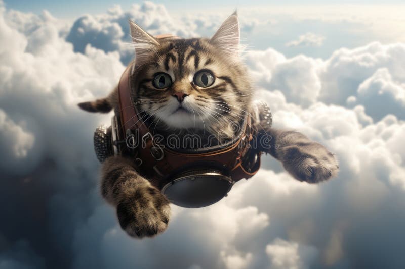 A Tabby Cat, Donning Steampunk Aviator Gear, Soars Above the Clouds ...