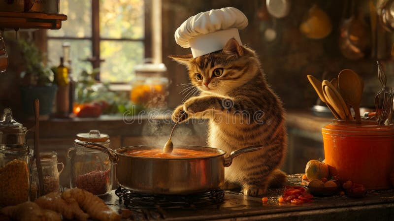 Tabby Cat Dressed As Chef Stirring a Pot of Stew in a Rustic Kitchen ...