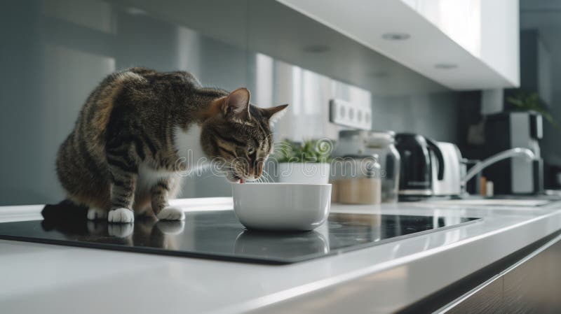 Tabby Cat Drinking from White Bowl on Modern Kitchen Counter. Bright ...