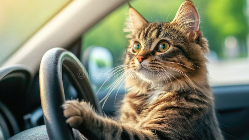 Tabby Cat Driving a Car with Paws on Steering Wheel Looking Curious ...