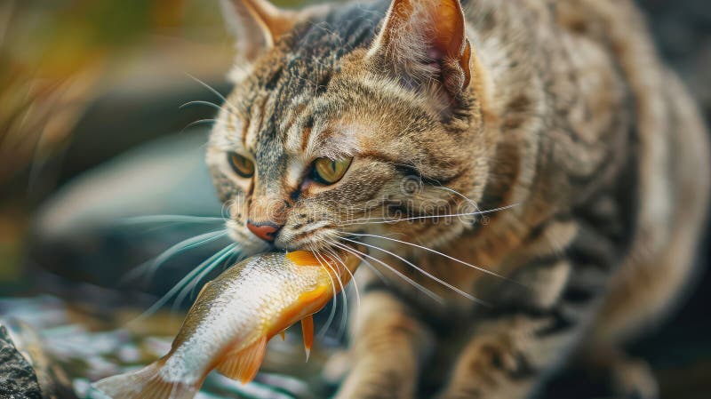 Tabby Cat Eating a Fish with Blurry Background Stock Illustration ...