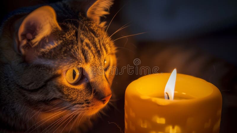 Tabby Cat Gazing at a Lit Candle in Dim Light Stock Image - Image of ...