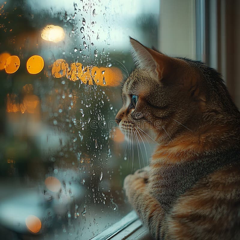 Tabby Cat Gazing Out Rainy Window at Night Lights Stock Illustration ...