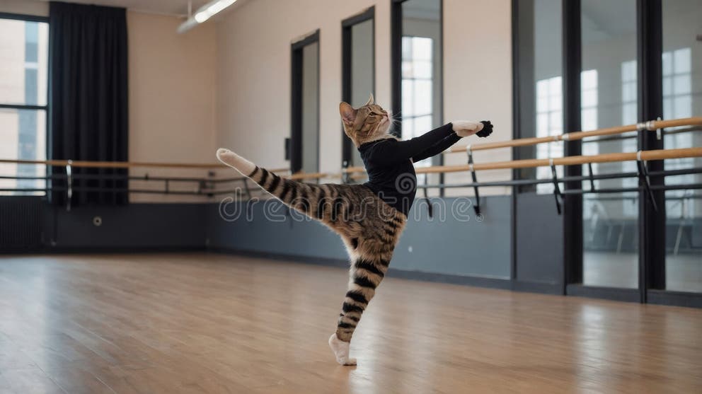 A Tabby Cat Gracefully Performs a Ballet Pose in a Dance Studio ...