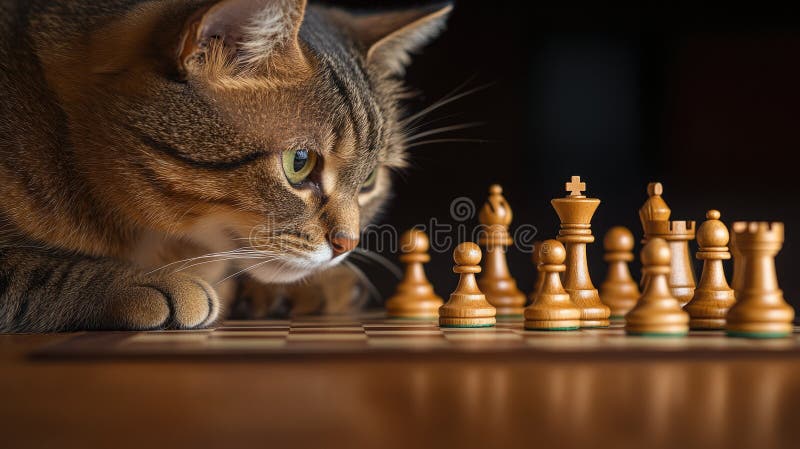 Tabby Cat Intently Observing Chessboard with Strategic Focus Under Soft ...