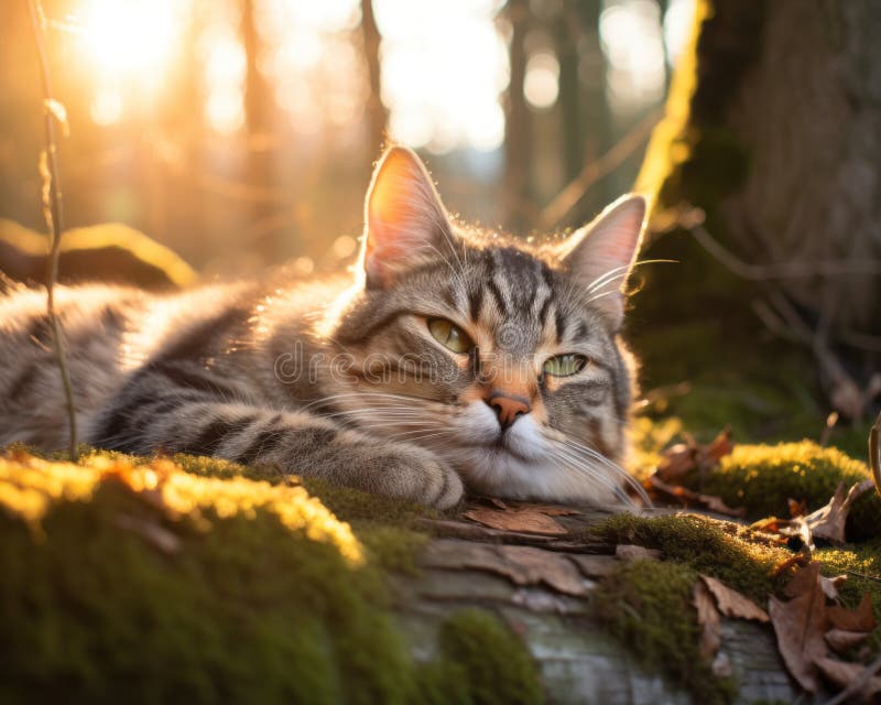 A Tabby Cat Laying on a Log in the Woods Stock Illustration ...