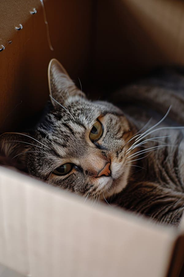 Tabby Cat Lounging in a Cardboard Box Stock Illustration - Illustration ...