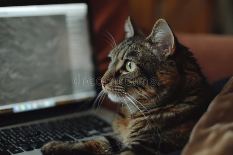 Curious Tabby Cat Using Laptop Computer at Home Stock Photo - Image of ...