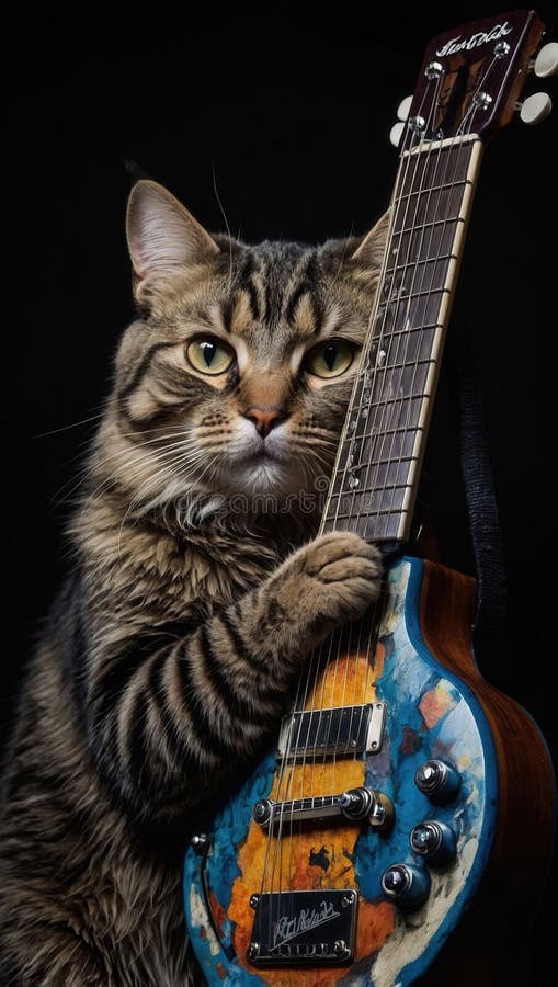 Tabby Cat with an M Pattern Peeking through a Guitar Fretboard Stock ...