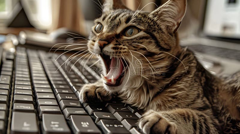 Tabby Cat Mid-meow on a Computer Keyboard, Displaying Playful Curiosity ...