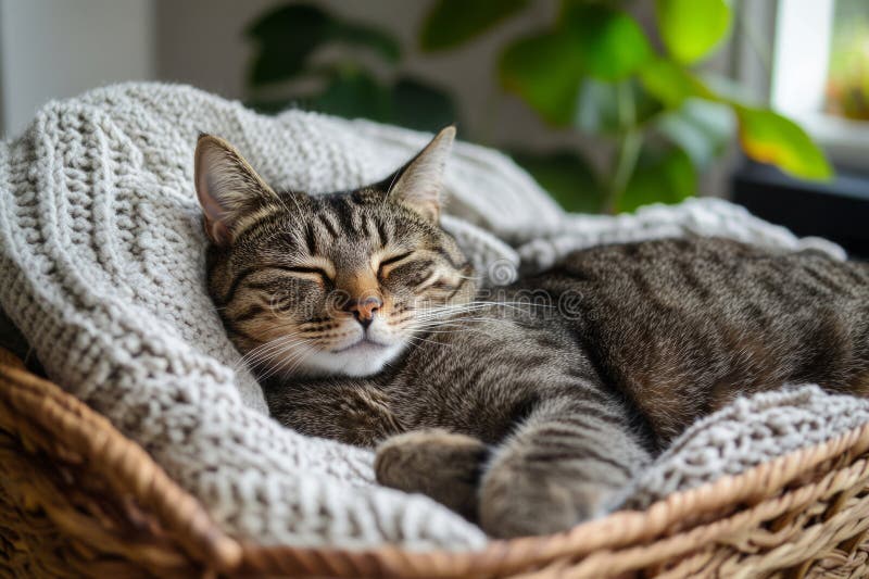Cat Napping Basket Lined Soft Knitted Blanket Stock Photos - Free ...