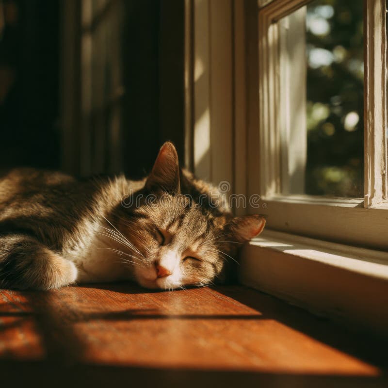 Tabby Cat Napping in Sunlight by Window Stock Illustration ...