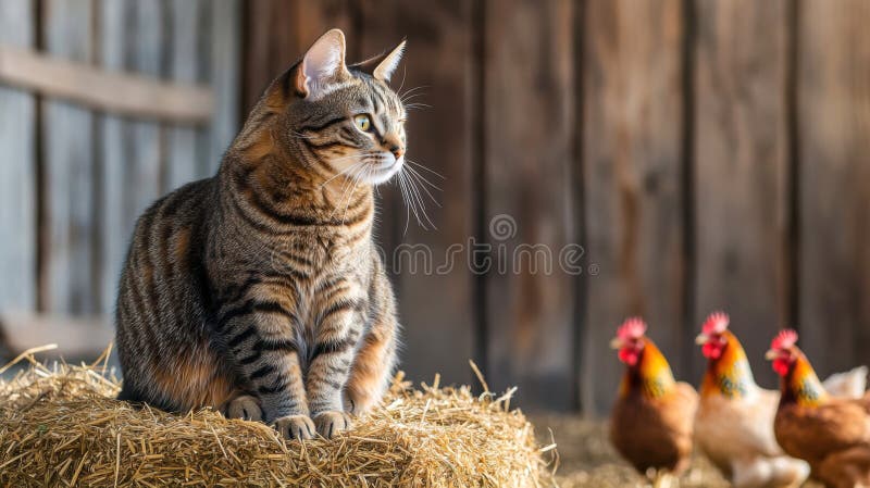 Tabby Cat Observing Chickens in Rustic Barn Setting during Daytime ...
