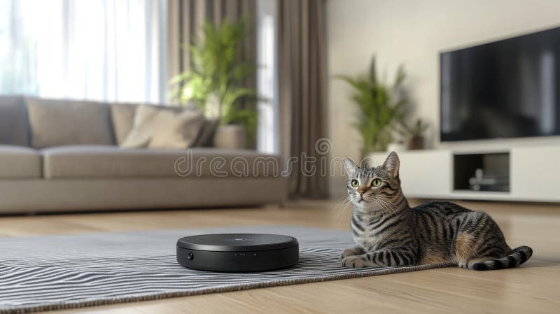 Tabby Cat Observing a Robotic Vacuum Cleaner in a Modern Living Room ...