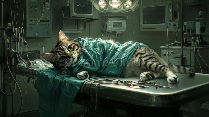 Tabby Cat on Operating Table in Dark Hospital Room Stock Illustration ...