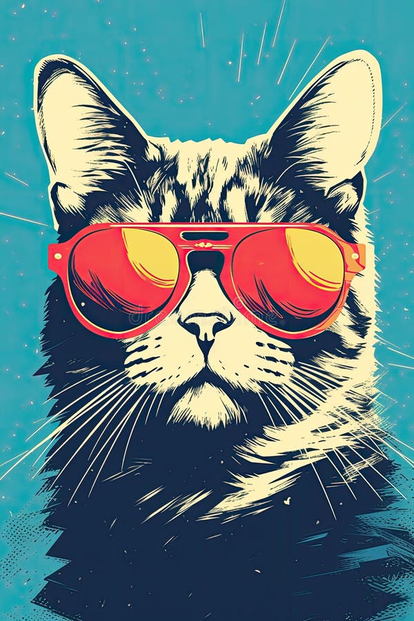 Tabby Cat in Orange Glasses. Retro Style Digital Illustration in 1970s ...