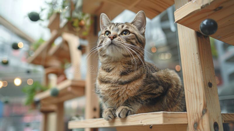 Tabby Cat Perched on Wooden Climbing Structure Stock Photo - Image of ...