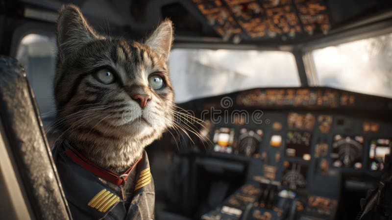 Tabby Cat Pilot in Airplane Cockpit with Controls in Photorealistic ...