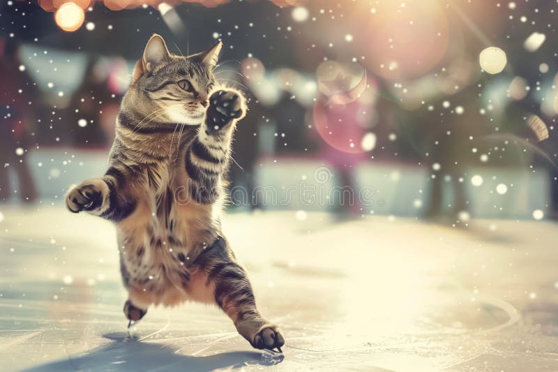 Tabby Cat Playfully Ice Skating on a Frozen Pond Under Snowfall Stock ...