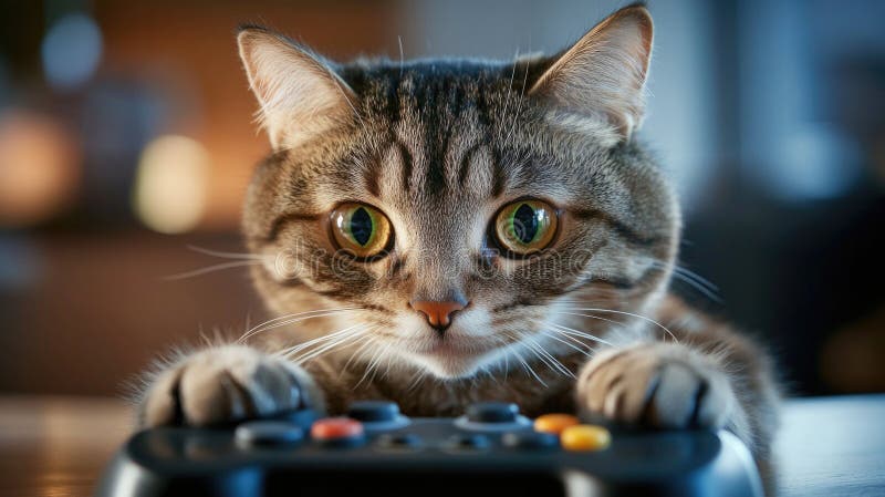 Tabby Cat Playing with Game Controller Indoors Stock Photo - Image of ...