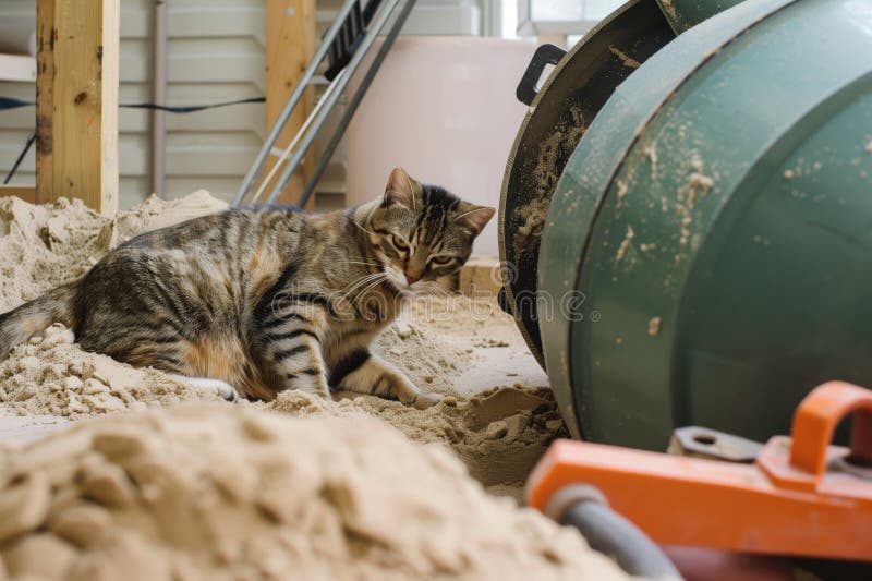 Tabby Cat Playing in a Pile of Sand Next To a Cement Mixer Stock Image ...