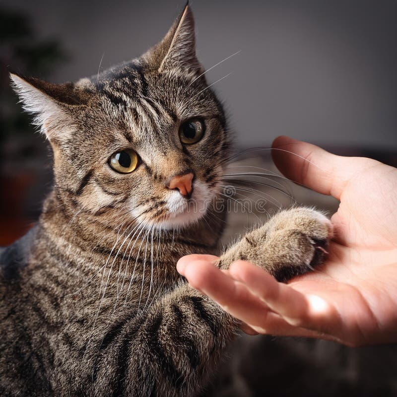 Tabby Cat Putting Paw on Human Hand, AI Generated Stock Illustration ...