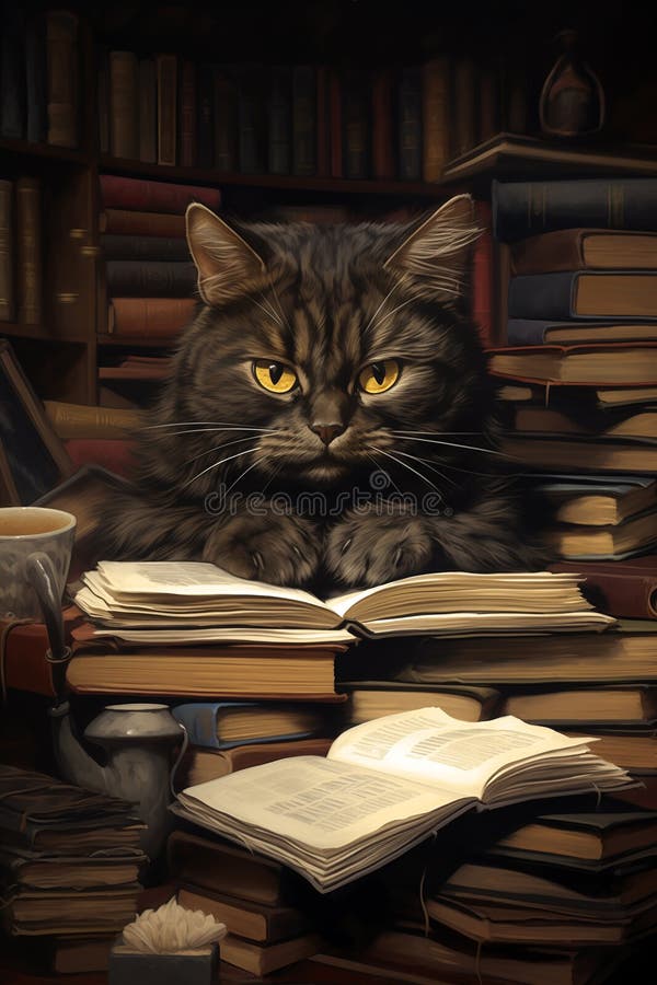 A Tabby Cat Reading in a Library Surrounded with Stacks of Books. Stock ...