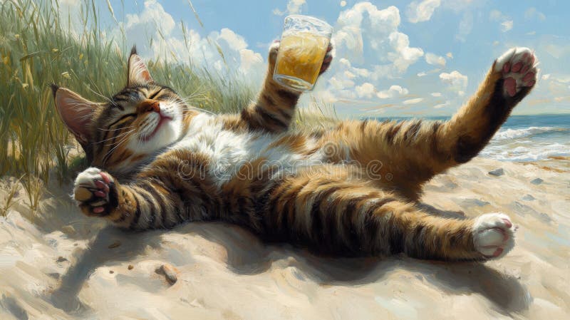 Tabby Cat Relaxing on Sandy Beach with Drink Stock Illustration ...