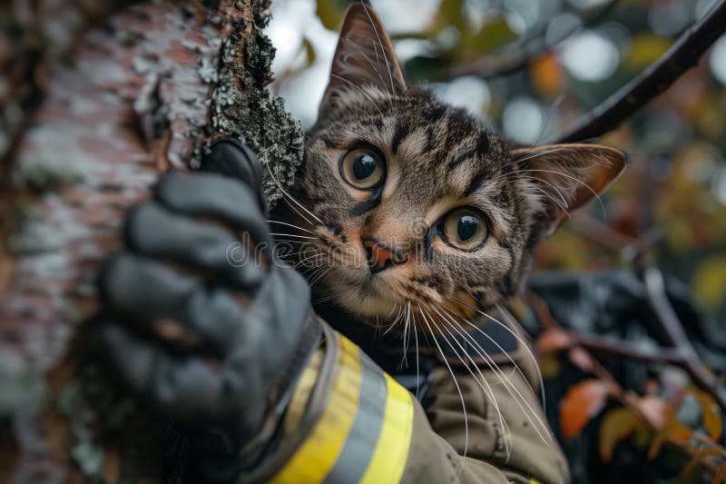 Tabby Cat Rescued from Tree by Firefighter Stock Image - Image of ...