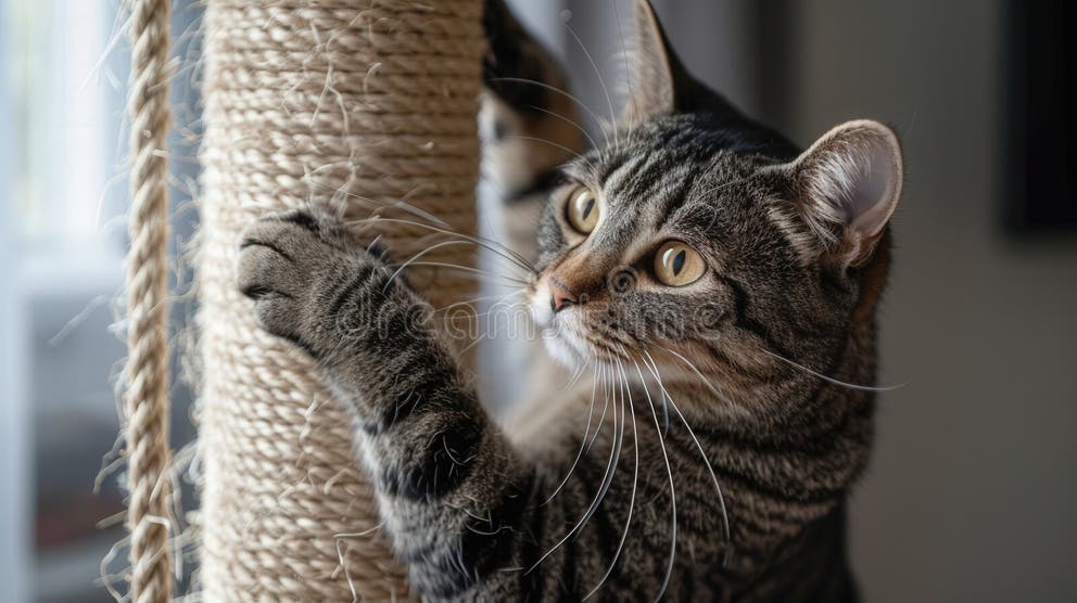 Tabby Cat Scratching Post Close-up with Focused Expression Stock Photo ...