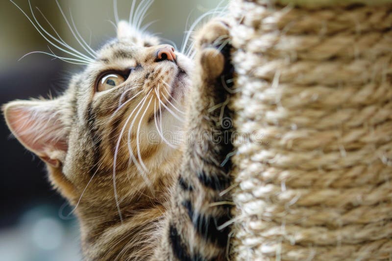 Tabby Cat Sharpening Claws on a Scratching Post Stock Image - Image of ...
