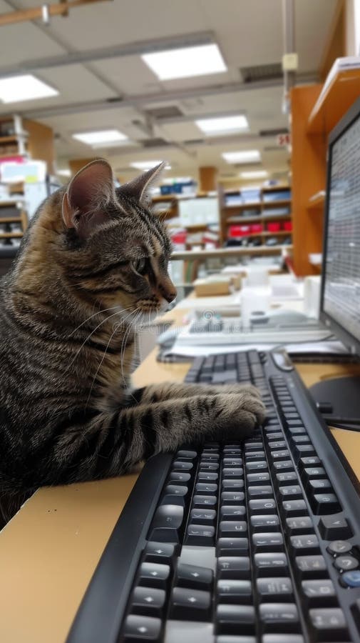 Cat Typing on Computer stock illustration. Illustration of environment ...