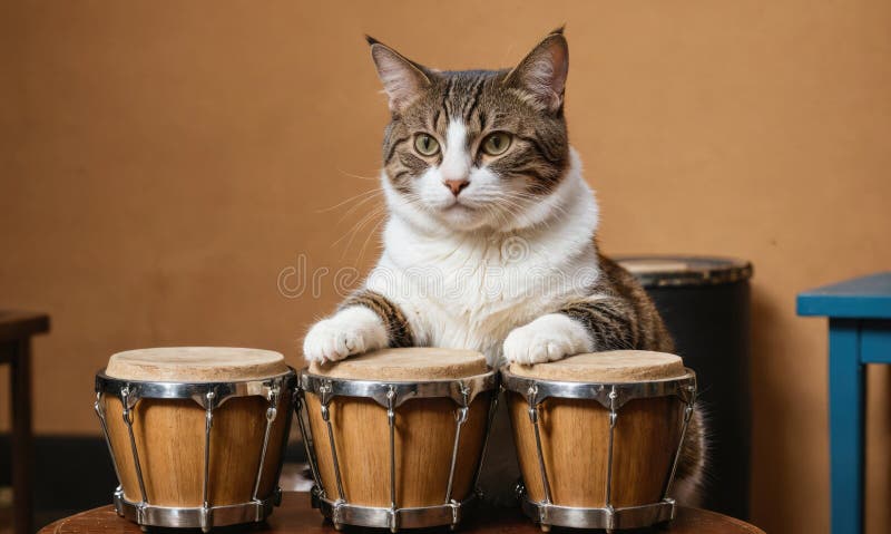 A Tabby Cat Sits in Front of Three Bongo Drums and Appears To Be ...