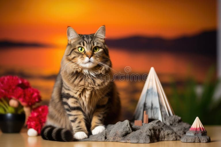 A Tabby Cat Sitting by a Mini Active Volcano Model Stock Photo - Image ...