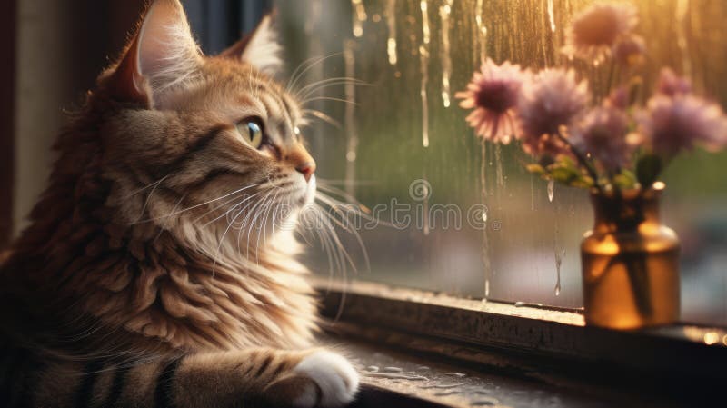 Tabby Cat Sitting by the Window while it& X27;s Raining Outside. AI ...