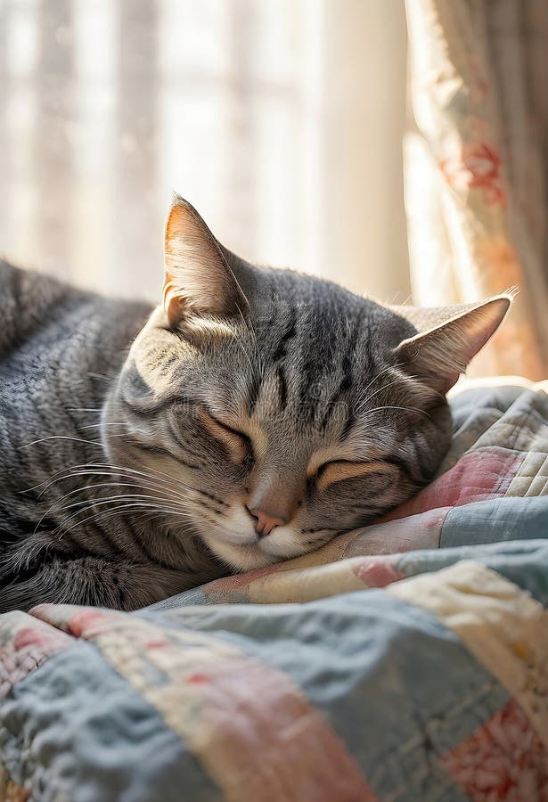 Tabby Cat Sleeping on an Old Quilt Stock Illustration - Illustration of ...