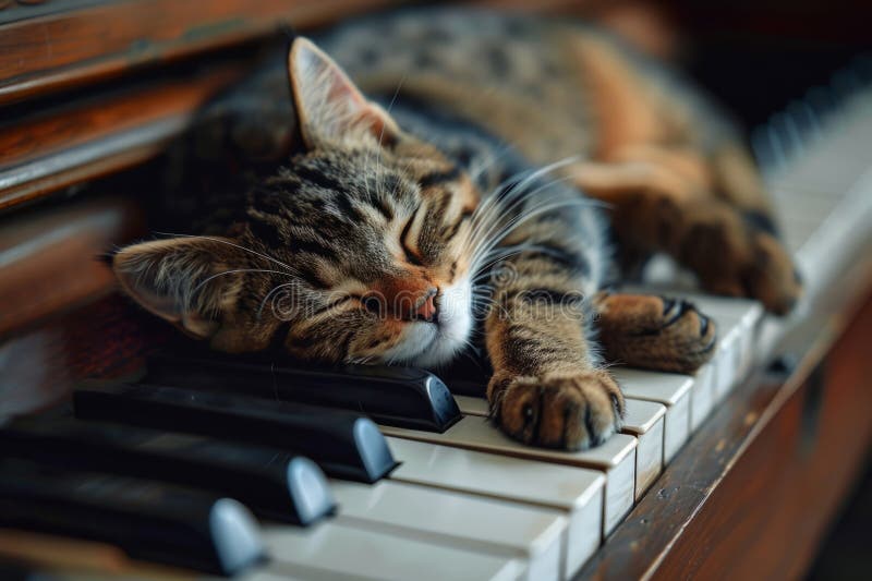 Tabby Cat Sleeping Peacefully on Old Piano Keys Stock Photo - Image of ...