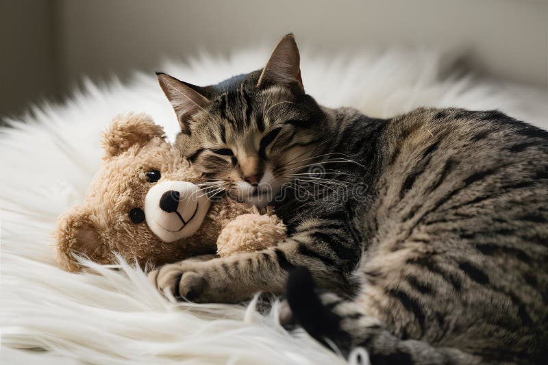 Tabby Cat Snuggles Teddy Bear on Soft Surface, Creating Tranquil Scene ...