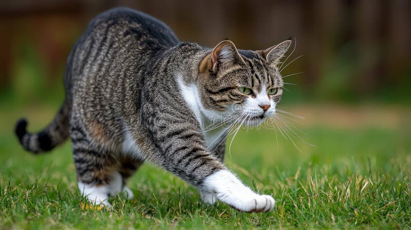 Tabby Cat Stalking in Green Grass Stock Photo - Image of eyes, paws: 345725632
