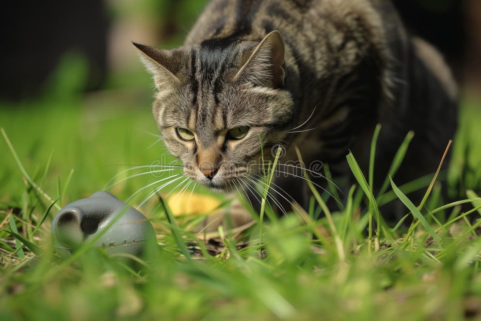 Tabby Cat Stalking a Rubber Mouse in Grass Stock Photo - Image of tabby ...