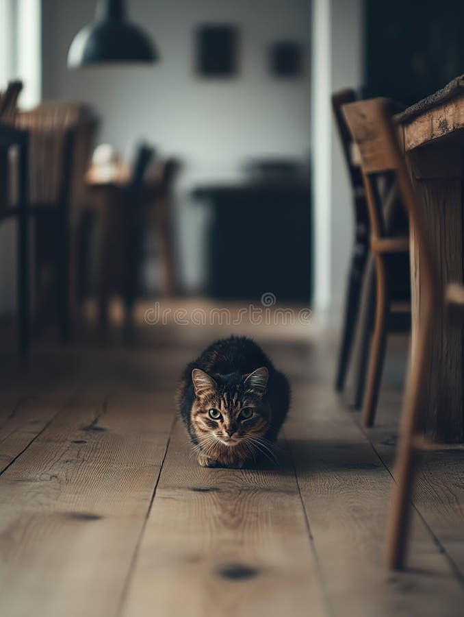 Tabby Cat Stealthily Crawling on Wooden Floor in Cozy Indoor Setting ...
