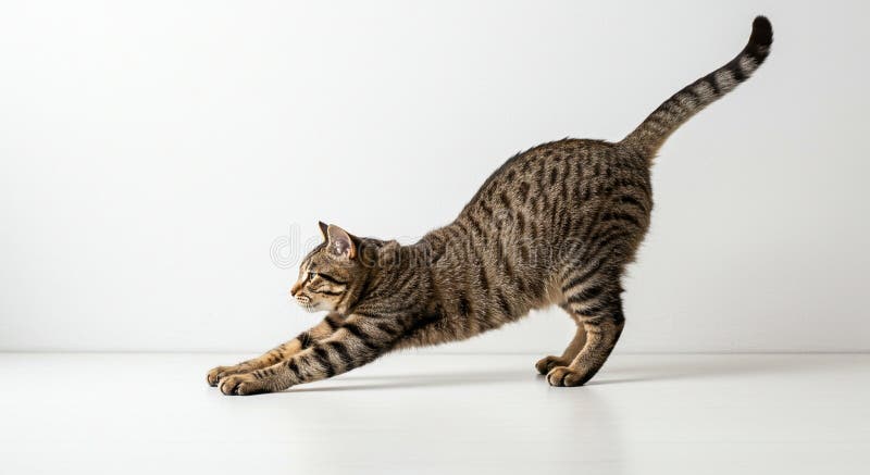 A Tabby Cat Stretches Forward with Its Front Paws Extended on a Smooth ...