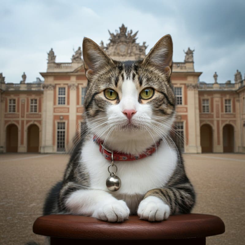 A Tabby Cat with Striking Yellow Eyes is Perched on a Brown Stool ...