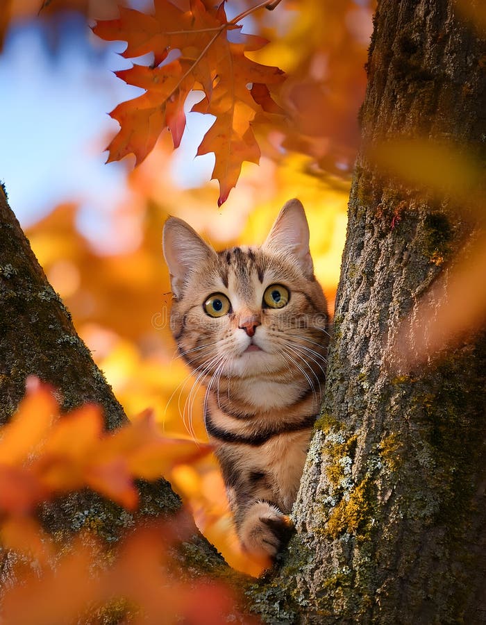 A Tabby Cat Stuck on a Tree, with Leaves at Autumn Day. Stock ...