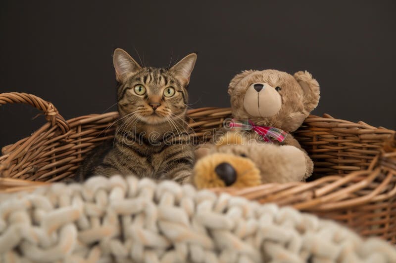 Tabby Cat and Teddy Bear Together in Large Wicker Basket Stock Image ...
